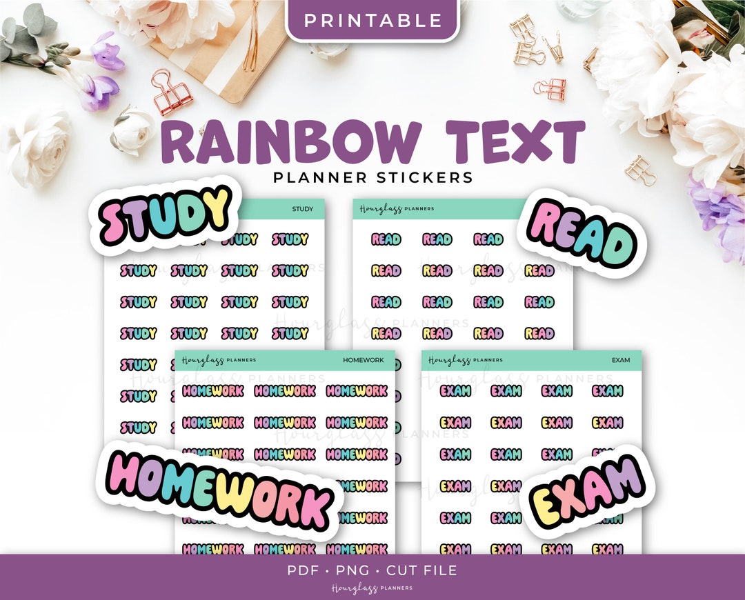 Printable Student Rainbow Text Planner Stickers - Study, Read, Homework ...