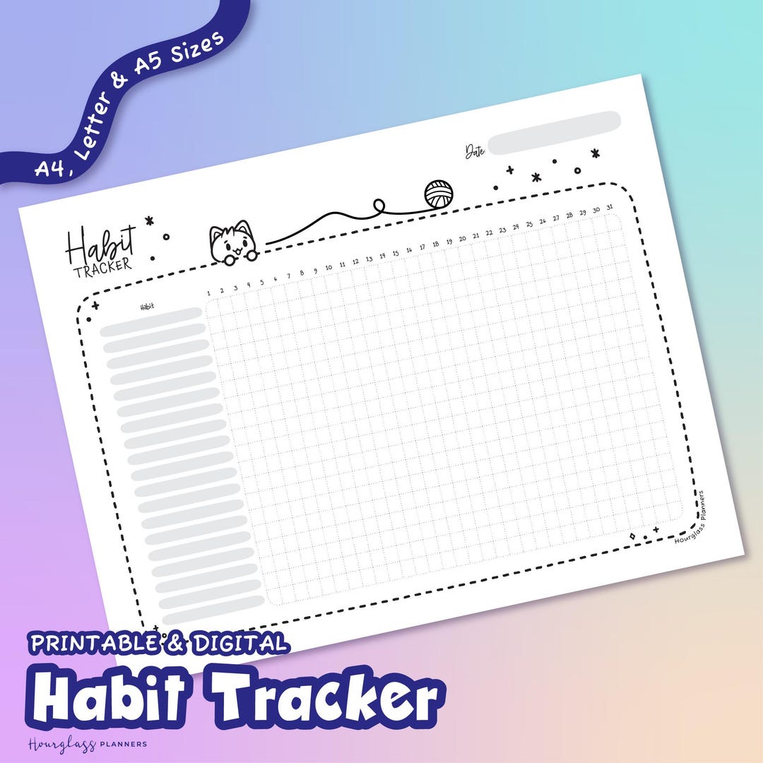 Kawaii Cat Habit Tracker, Cute Printable PDF & PNG A4, A5, Letter Sizes ...