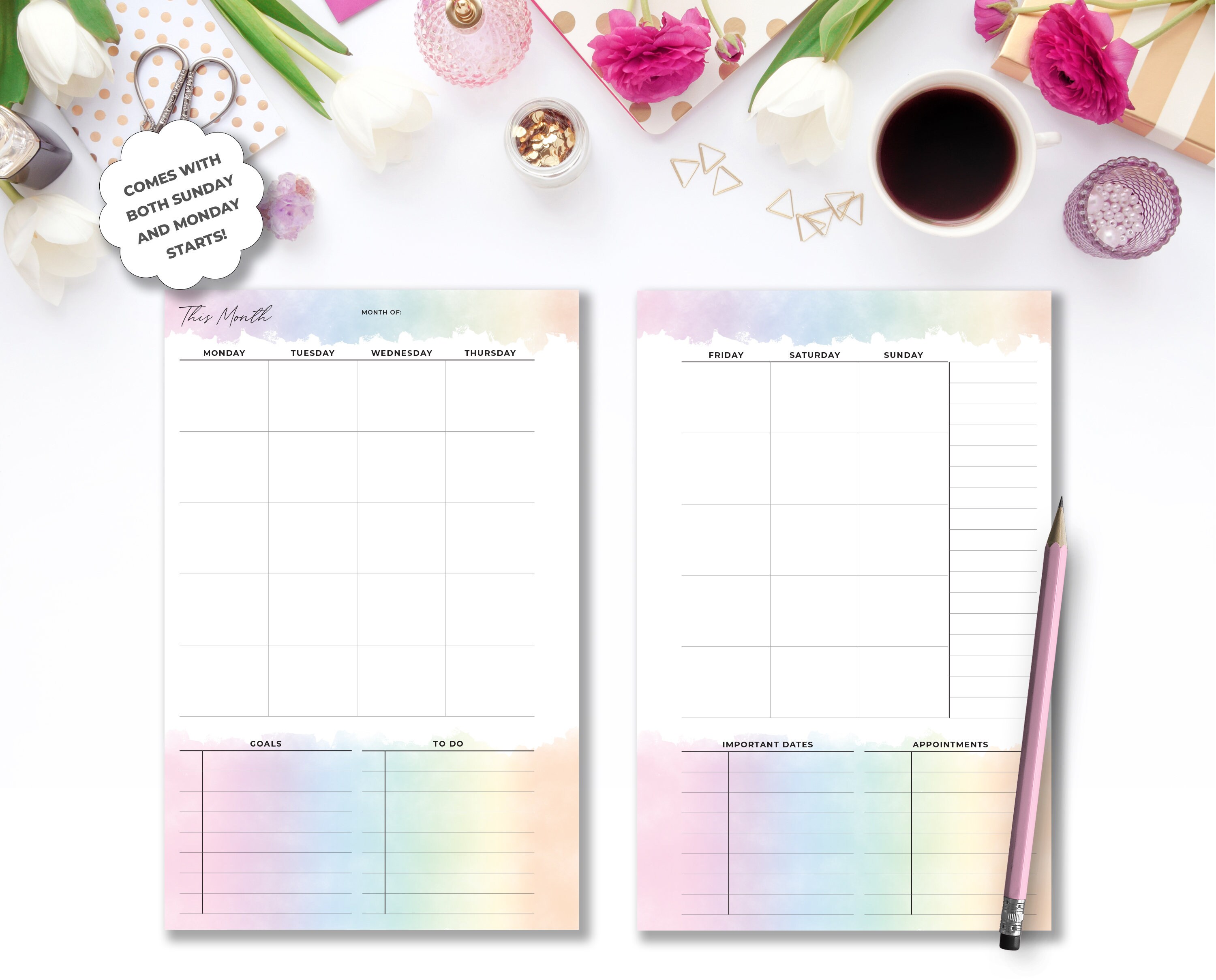 Watercolor Monthly Calendar Printable: A5 & Half Letter - Etsy