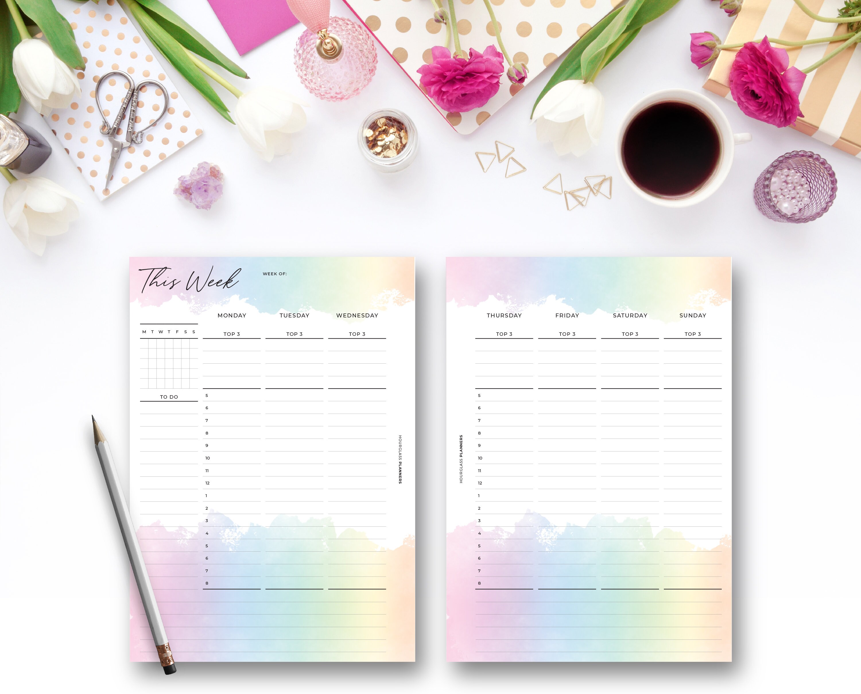 Rainbow Weekly Hourly Planner Printable: Classic Discbound (7" X 9.25 ...