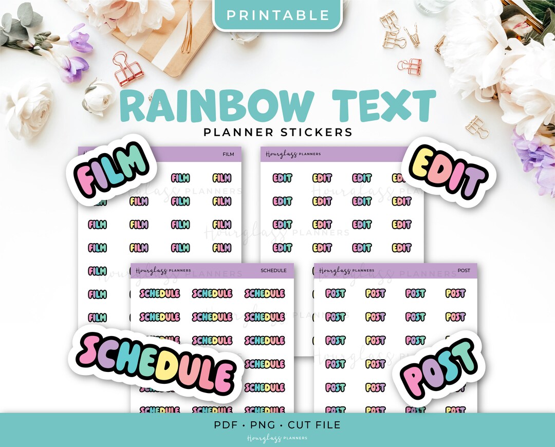 Rainbow Text Printable Planner Stickers - Film, Edit, Schedule, Post ...