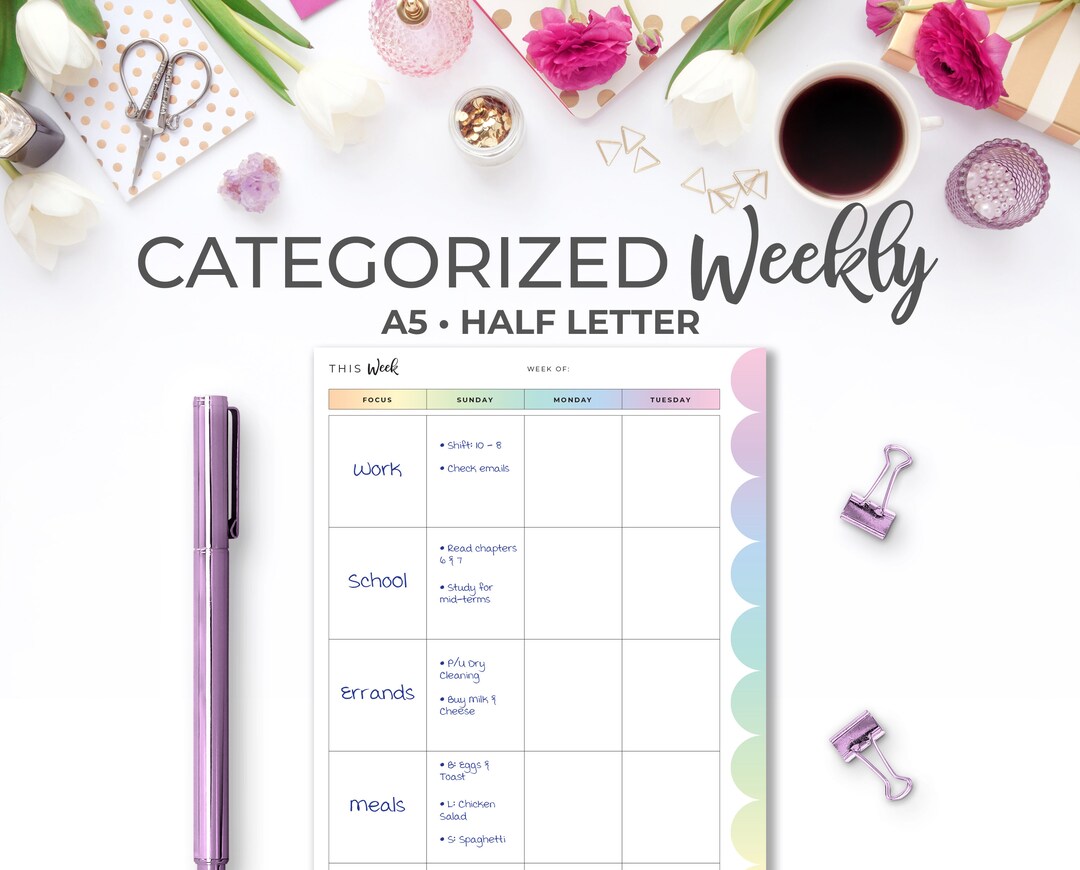 Weekly Focus Planner A5 & Half Letter Inserts With Categories | Rainbow ...