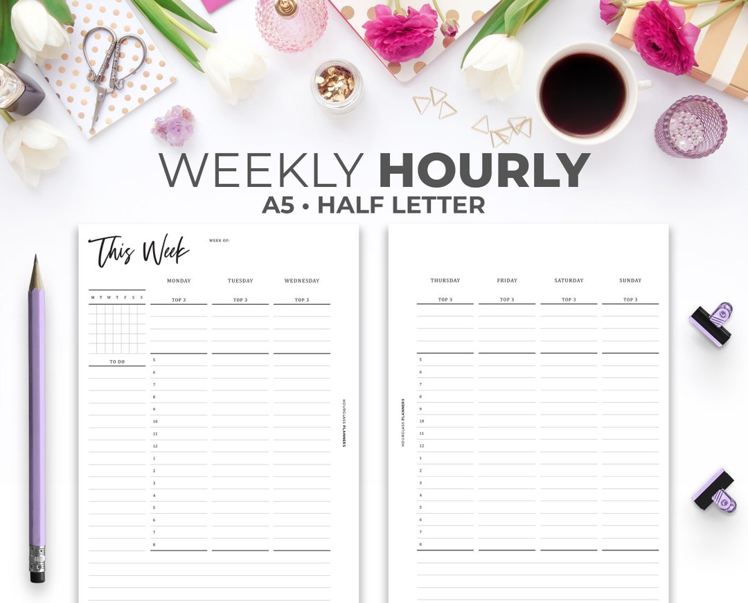 Hourly Weekly Planner Insert: A5 & Half Letter, Vertical Schedule ...
