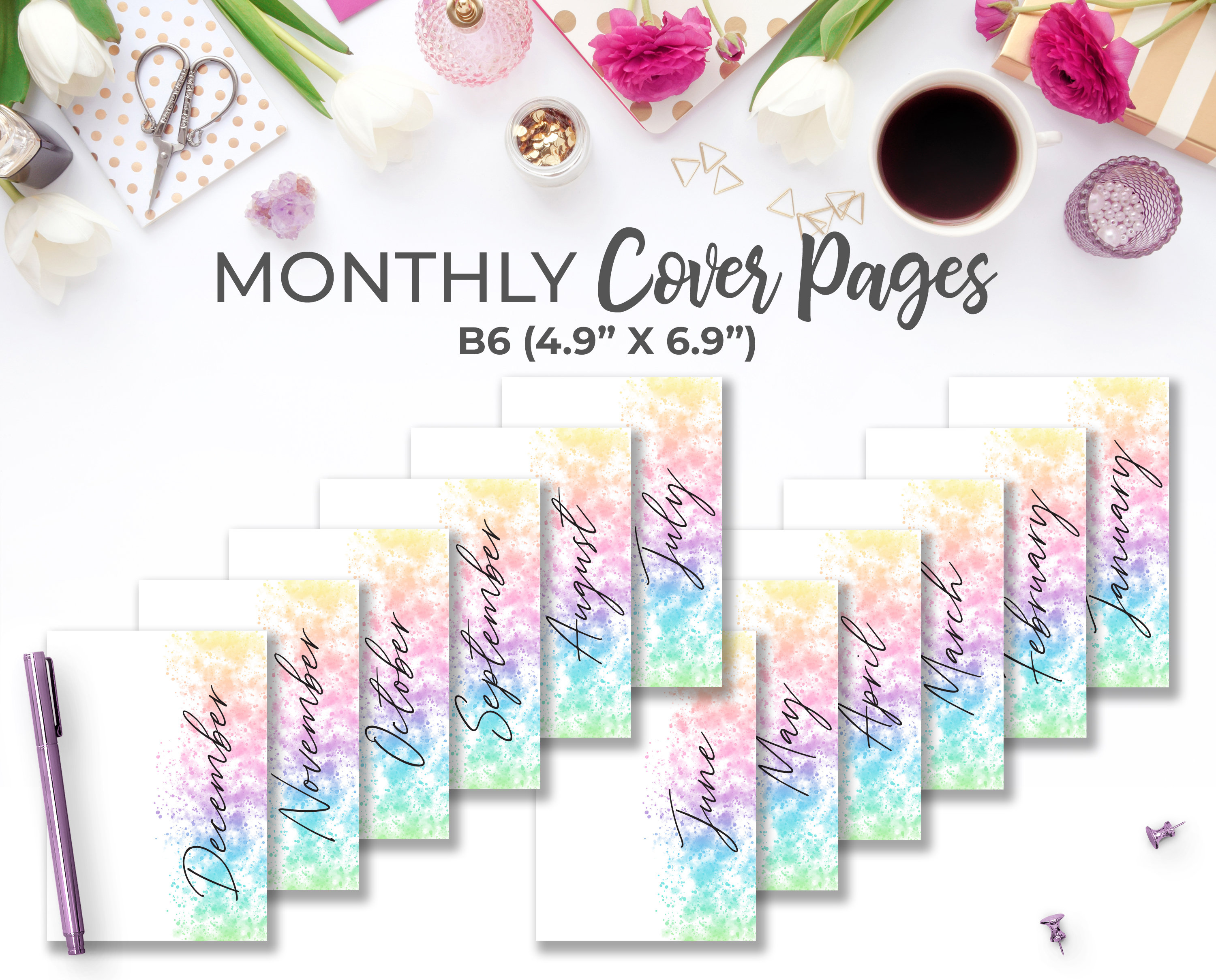 Monthly Cover Page B6 Inserts Printable Rainbow Watercolor | Etsy Canada