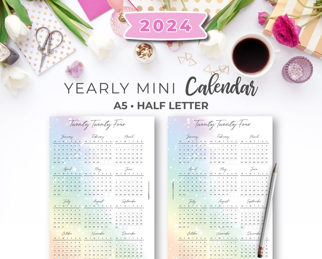 Rainbow 2024 Yearly Mini Calendar on 1 Page Insert A5 & Half - Etsy Canada