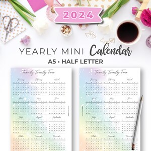 Rainbow 2024 Yearly Mini Calendar on 1 Page Insert A5 & Half - Etsy Canada