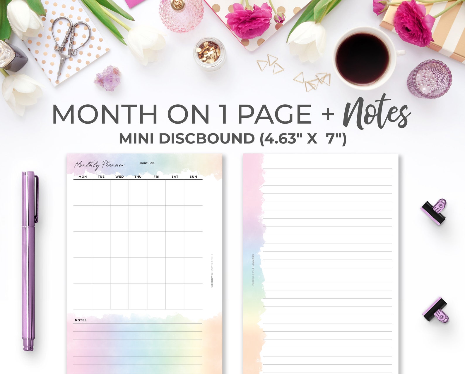 Mini Happy Planner Insert: Watercolor Monthly Calendar + Notes (digital ...