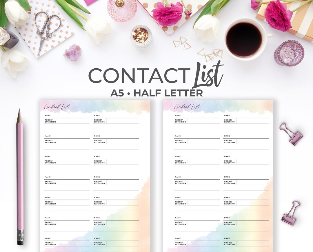 Contact List Planner Insert A5 & Half Letter | Printable Watercolor ...
