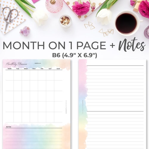 Monthly on One Page Planner B6 Insert With Notes Printable - Etsy