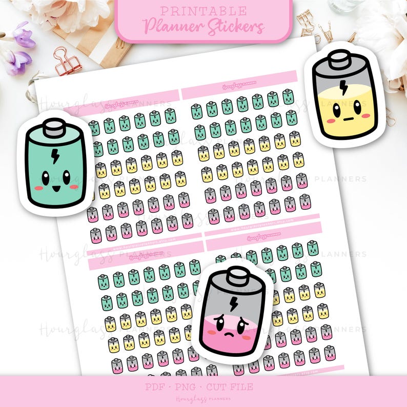 Printable Kawaii Energy Level Stickers, Cute Battery Mood Tracker ...