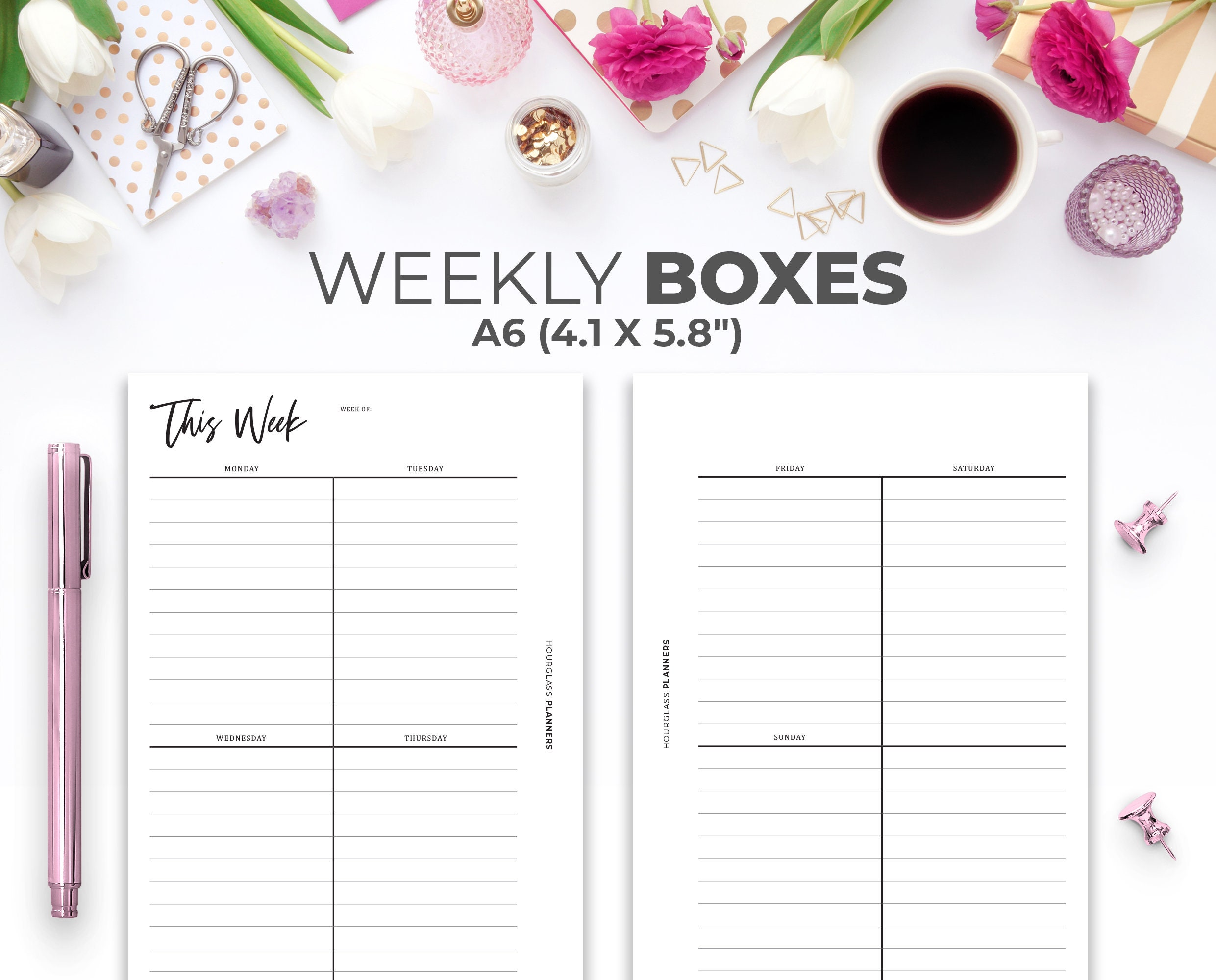A6 Size : Weekly undated planner Printable Inserts WO2P Week on two pages Weekly Agenda Paper ...