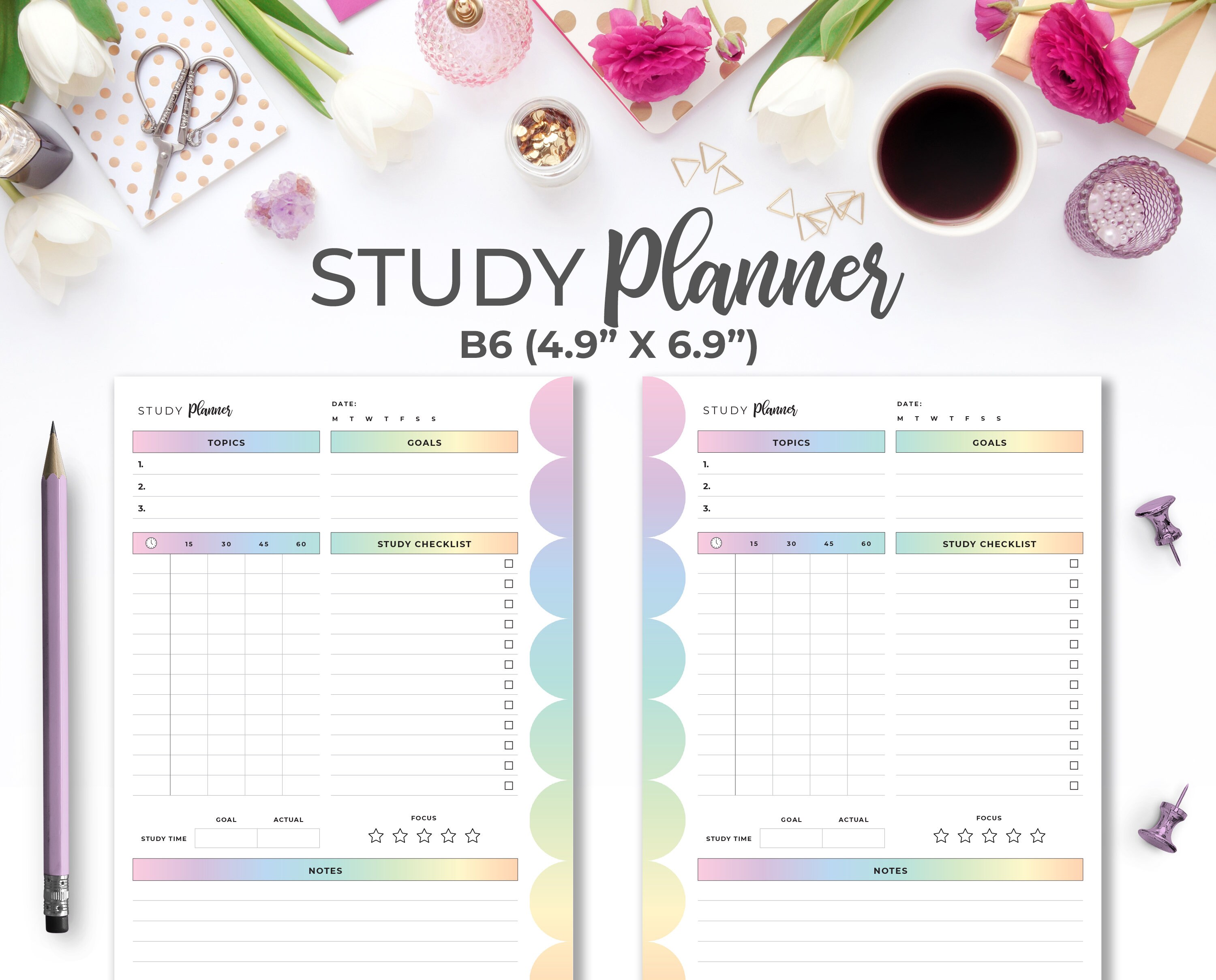 Study Planner B6 Insert Printable Rainbow Daily Study | Etsy
