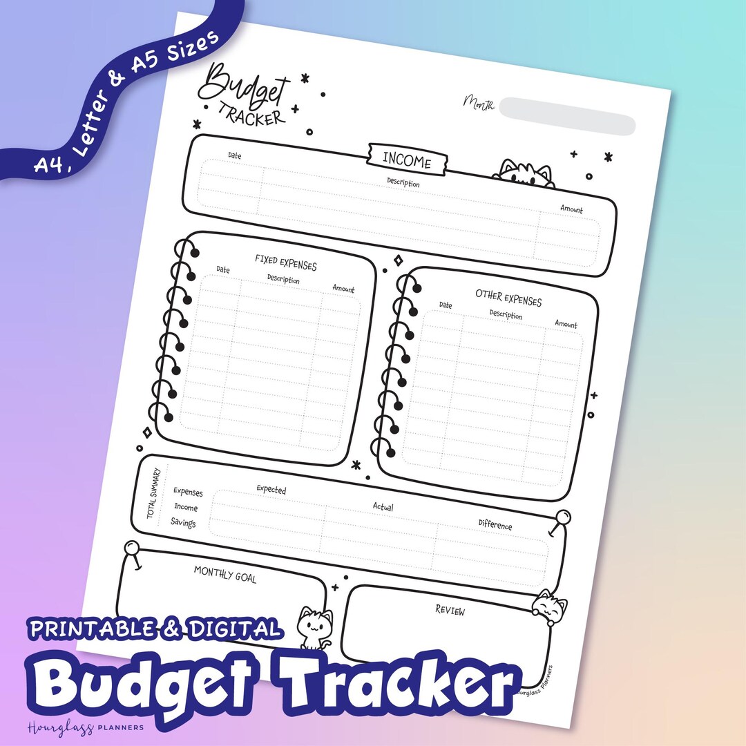 Printable Budget Tracker Kawaii Cat Theme, Black & White Budget Sheet ...