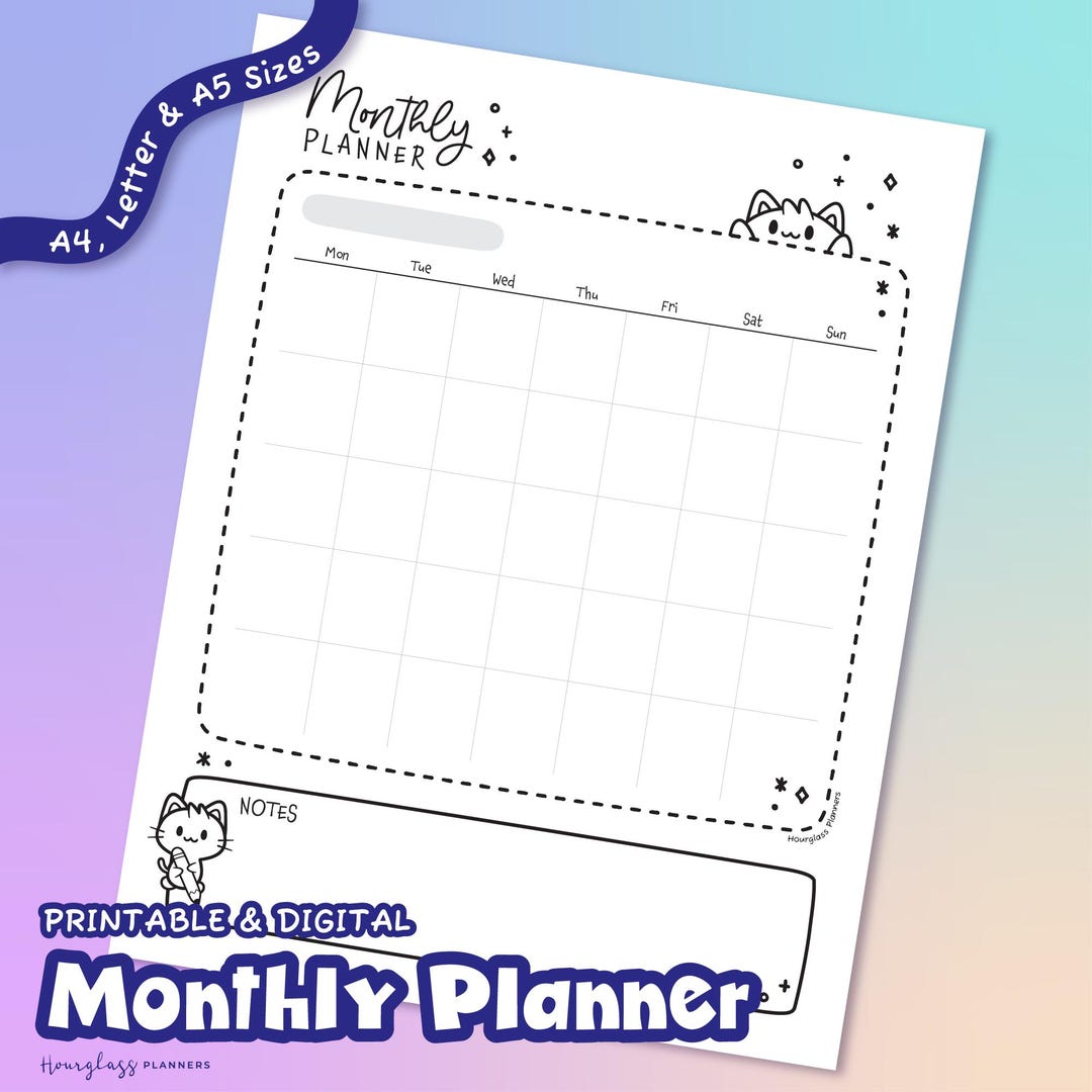 Kawaii Cat Monthly Planner PDF, Cute Printable & Digital Calendar Page ...