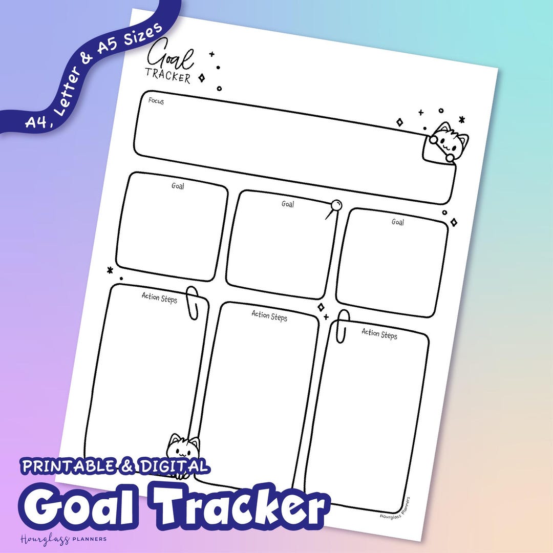 Kawaii Cat Goal Tracker Printable & Digital A4 A5 Letter Size, Black ...