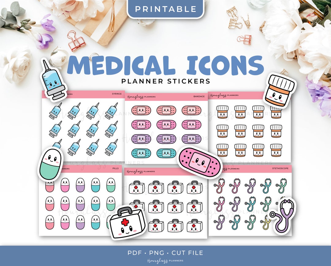 Printable Kawaii Medical Planner Stickers - Syringe, Medication Bottle ...