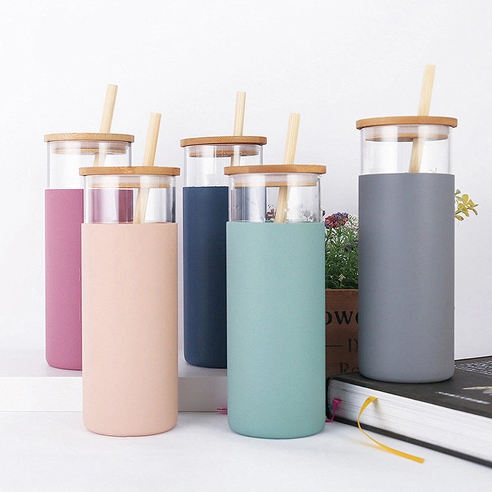 Glass Water Bottle With Bamboo Lid And Silicone Sleeve Free Etsy