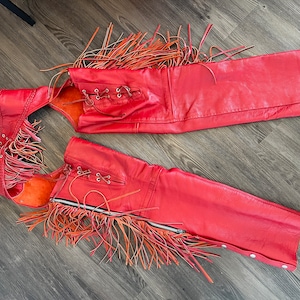 Rare Vintage Leather Fringe Red Chaps Ass Less Sexy Genuine Motorcycle ...