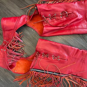 Rare Vintage Leather Fringe Red Chaps Ass Less Sexy Genuine Motorcycle ...