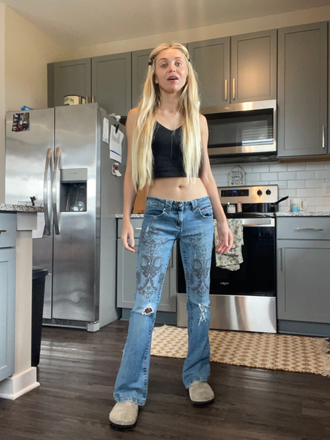 Y2K Low Rise Jeans Printed Sparkle Bell Bottom Boot Cut Trendy Hilton ...