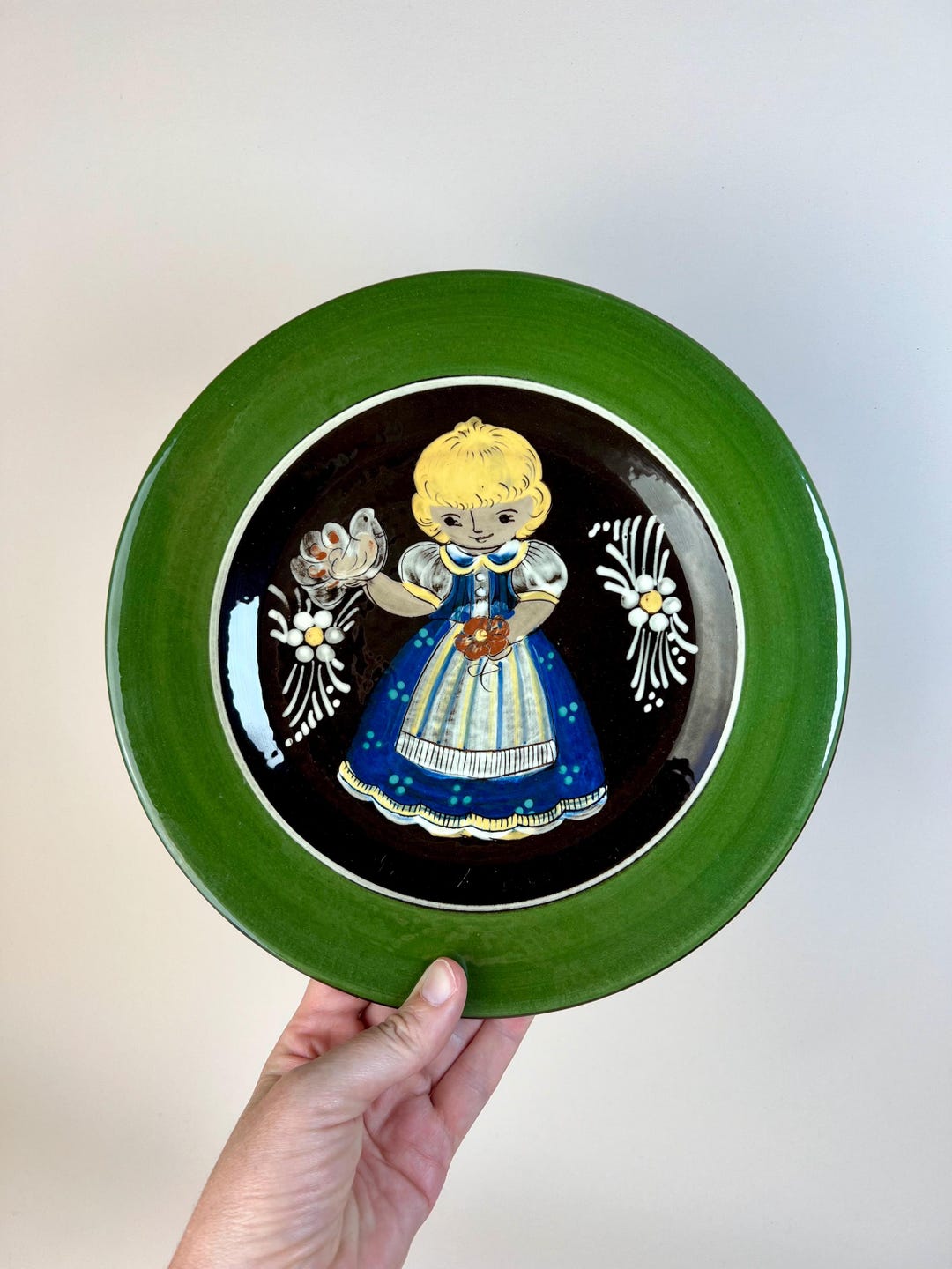Vintage Kohler Biel Swiss Wall Plate, Girl With Bird, Hand-painted ...