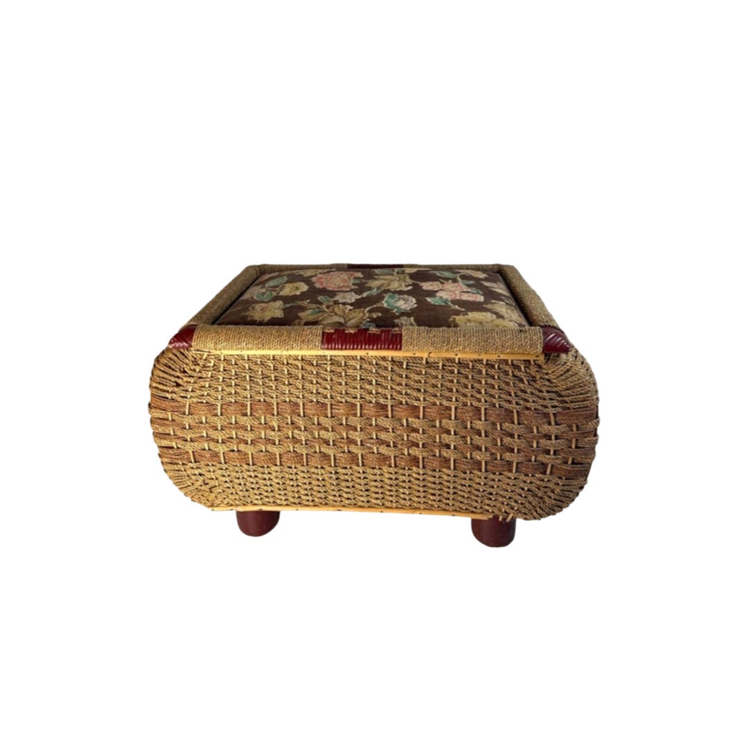Antique Wicker Pouf Ottoman, Wood and Rattan Stool Boho Furniture ...
