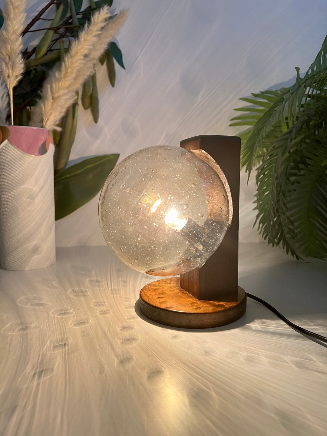 Vintage Mid Century Globe and Wood Handmade Table Lamp - Dark Brown ...