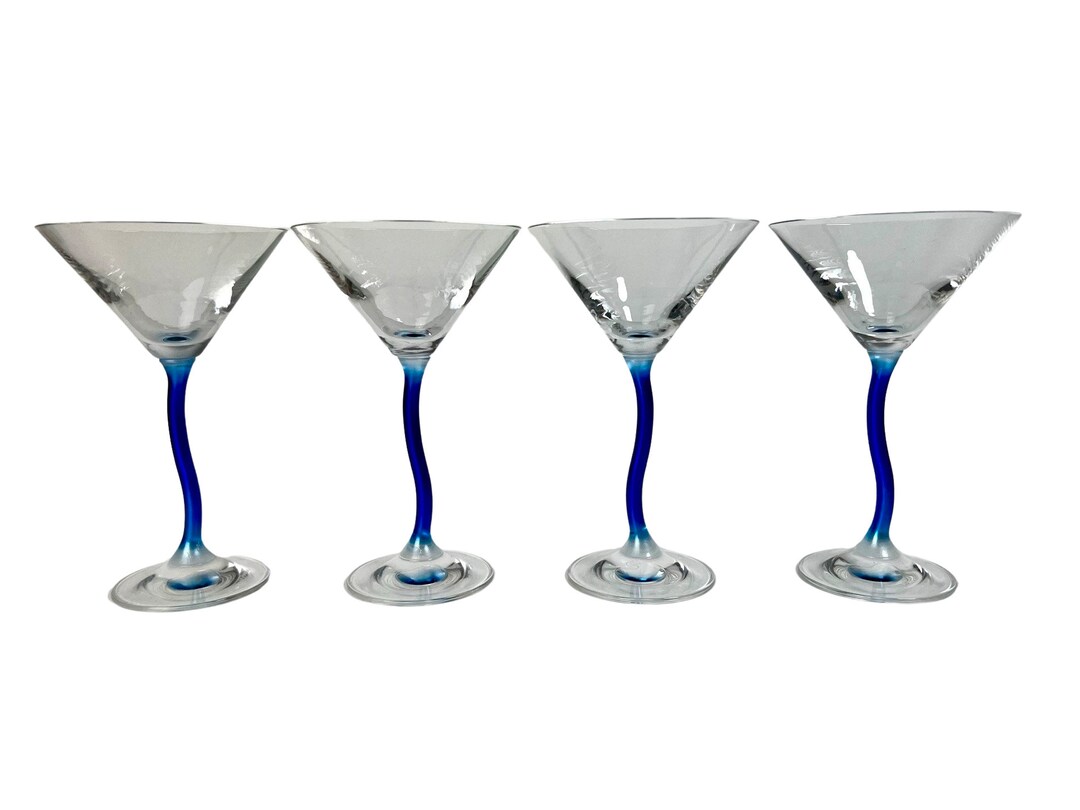 Blue Wiggly Wavy Stem Cocktail Glasses Set of 4, Cobalt Blue Glassware ...