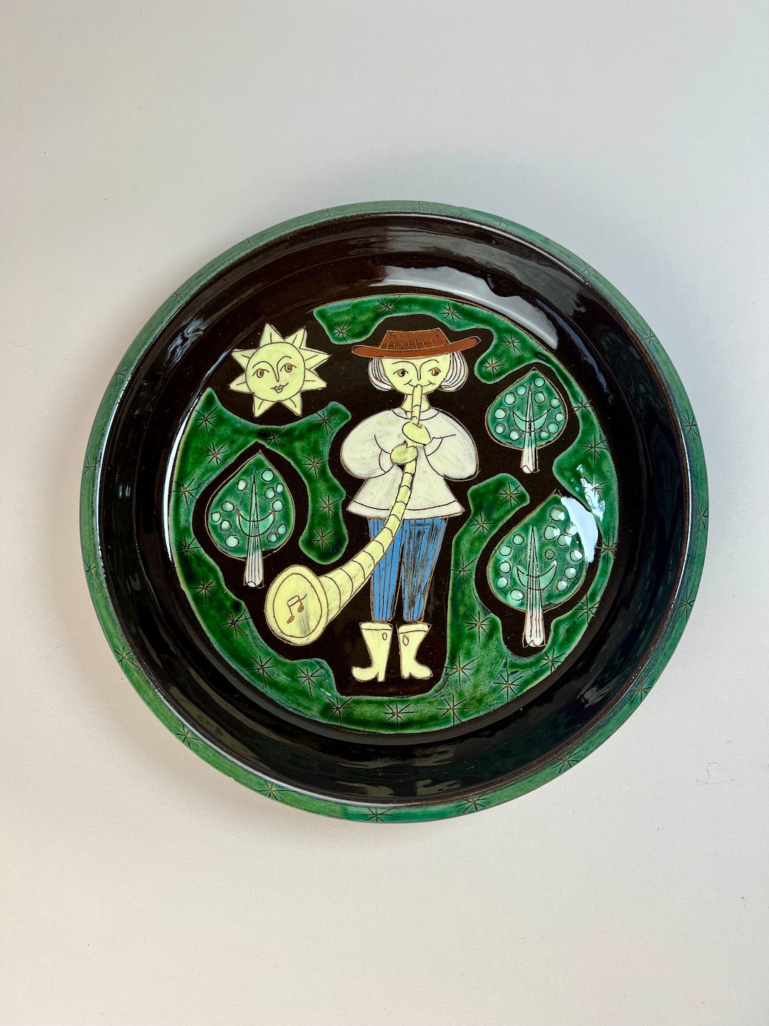 Handmade Mid-century Swiss Pottery Bowl: Alpine Horn Player Decor - Etsy