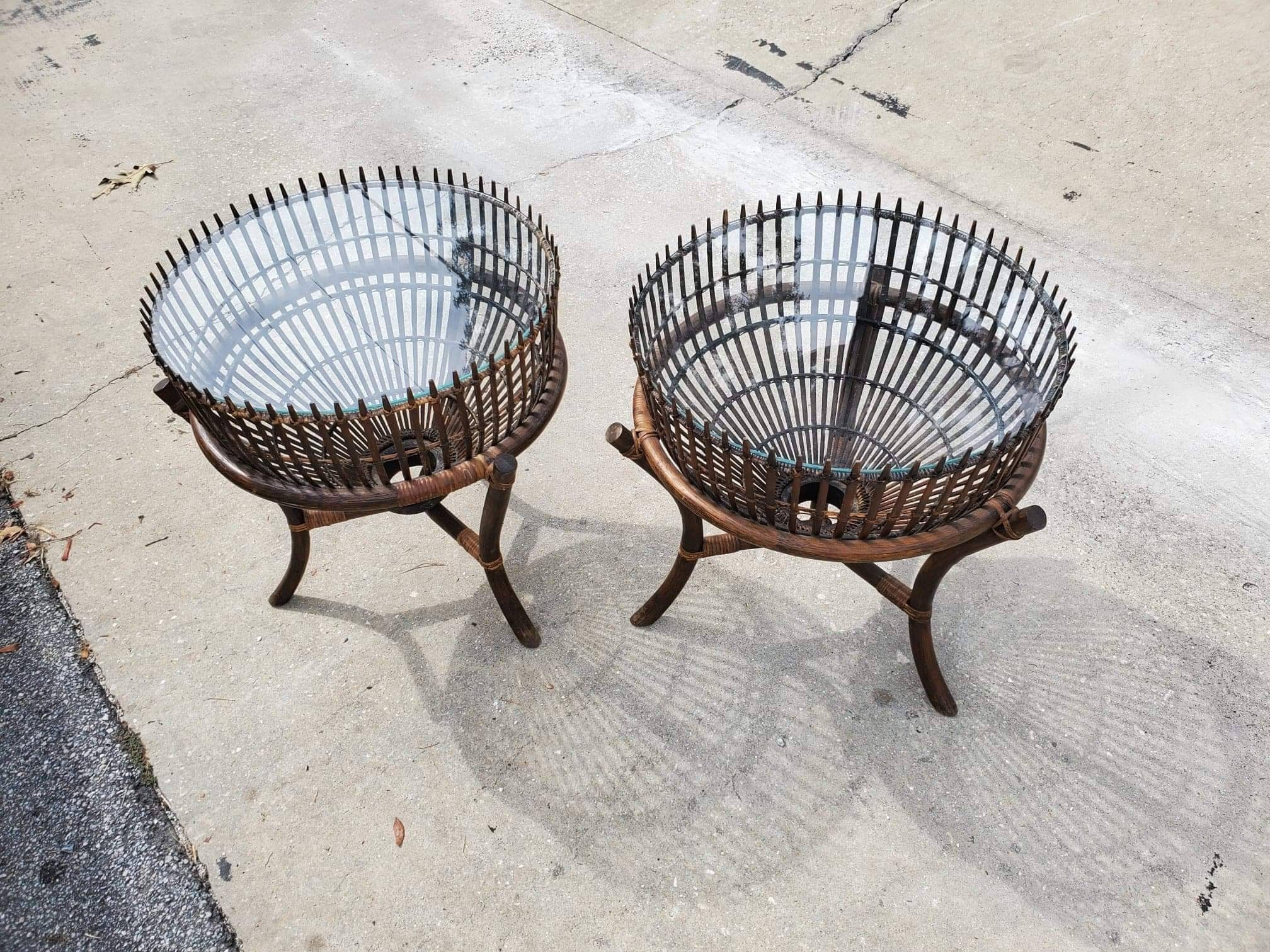 Pair Franco Albini MCM Rattan Fish Trap Tables With Glass Tops - Etsy