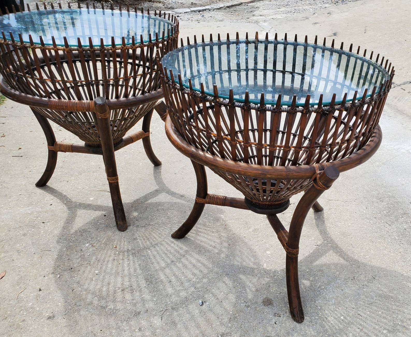 Pair Franco Albini MCM Rattan Fish Trap Tables With Glass Tops - Etsy