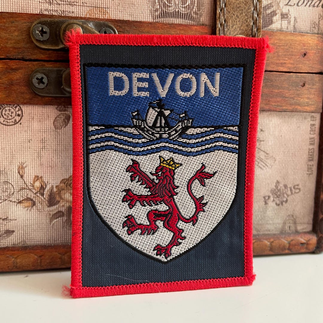 Vintage Patch DEVON Coat of Arms England Souvenir Woven Sew on Cloth ...