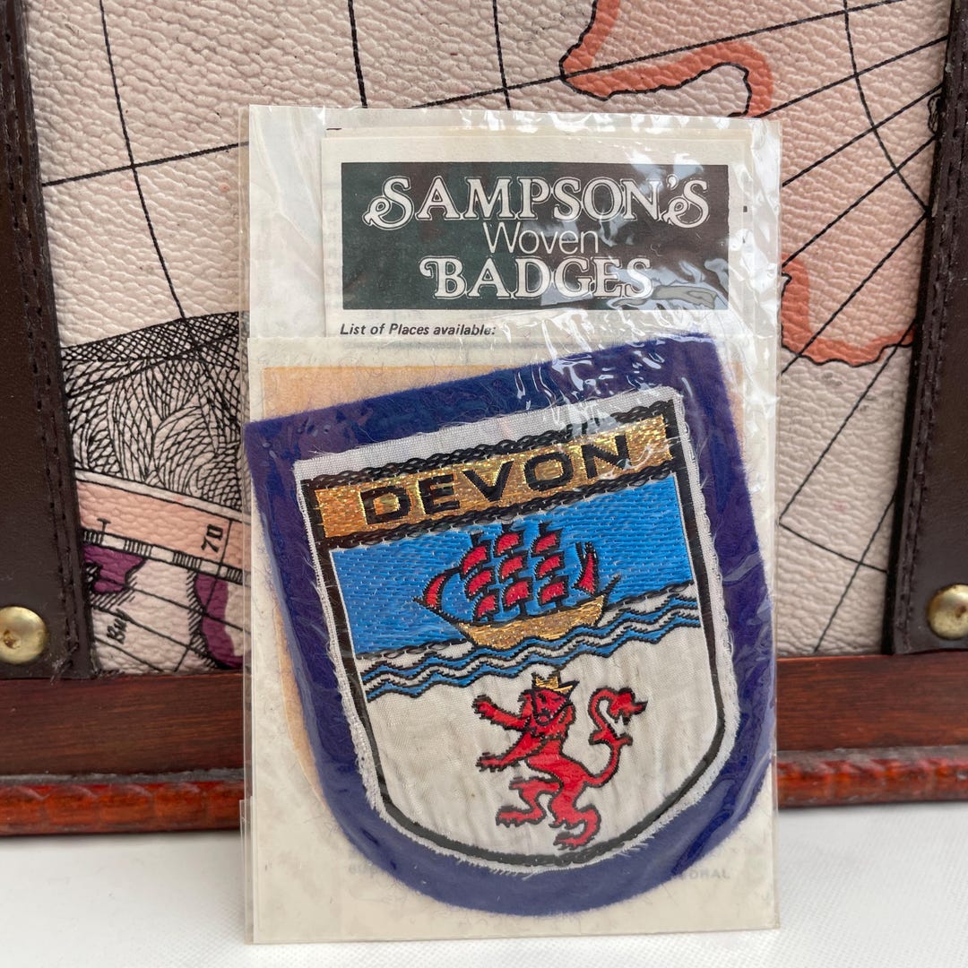 Vintage Patch DEVON Coat of Arms England Souvenir Woven Sew on Cloth ...