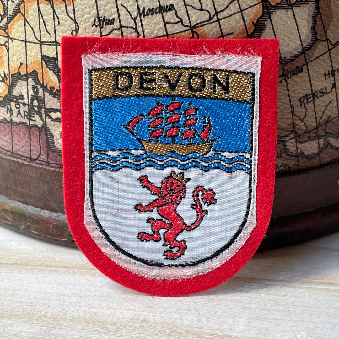 Vintage Patch DEVON Coat of Arms England Souvenir Woven Sew on Cloth ...
