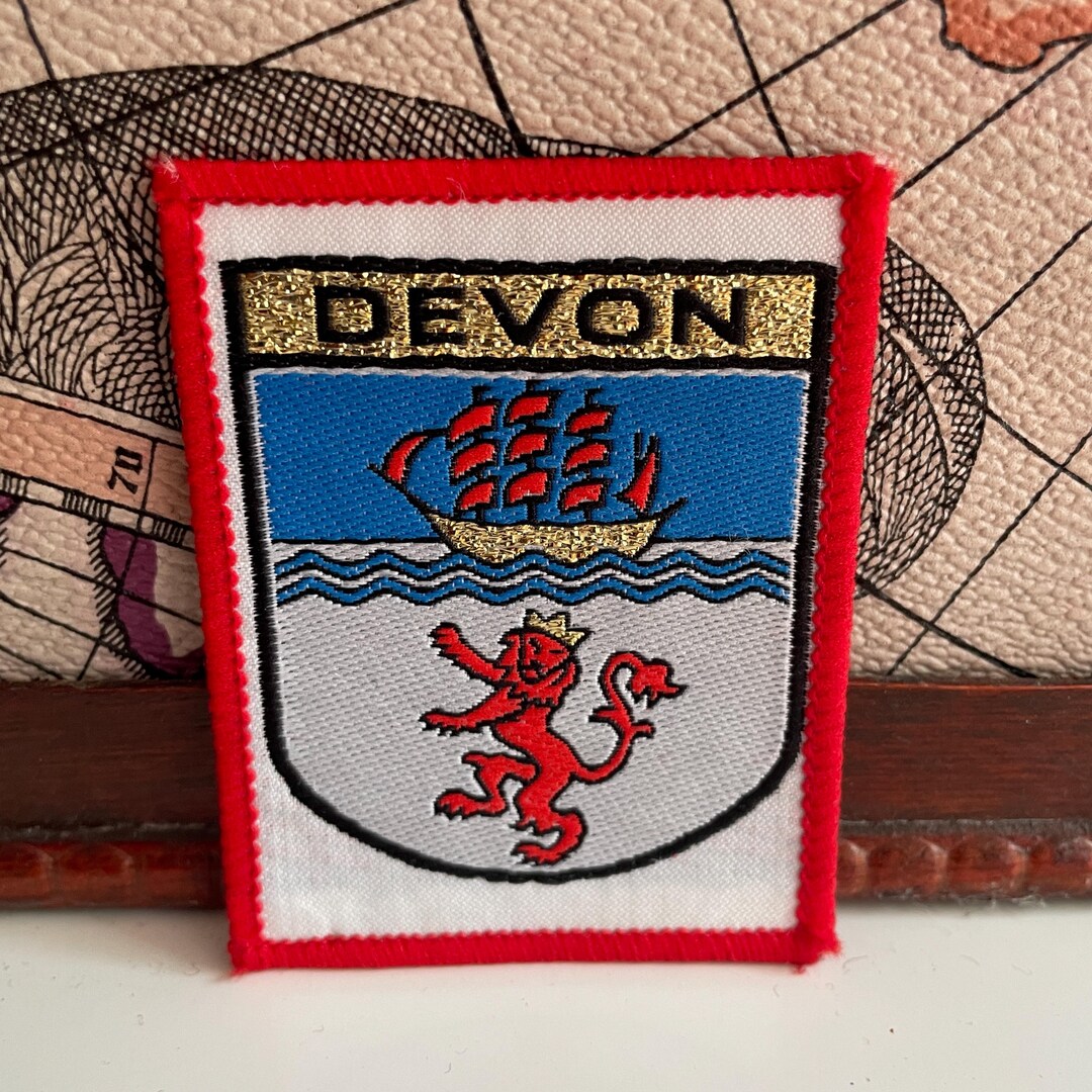 Vintage Patch DEVON Coat of Arms England Souvenir Woven Sew on Cloth ...