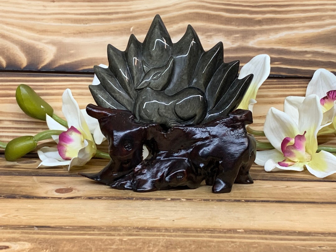 Crystal Carved Golden Obsidian Nine Tail Lucky Fox Kitsune Carved by ...