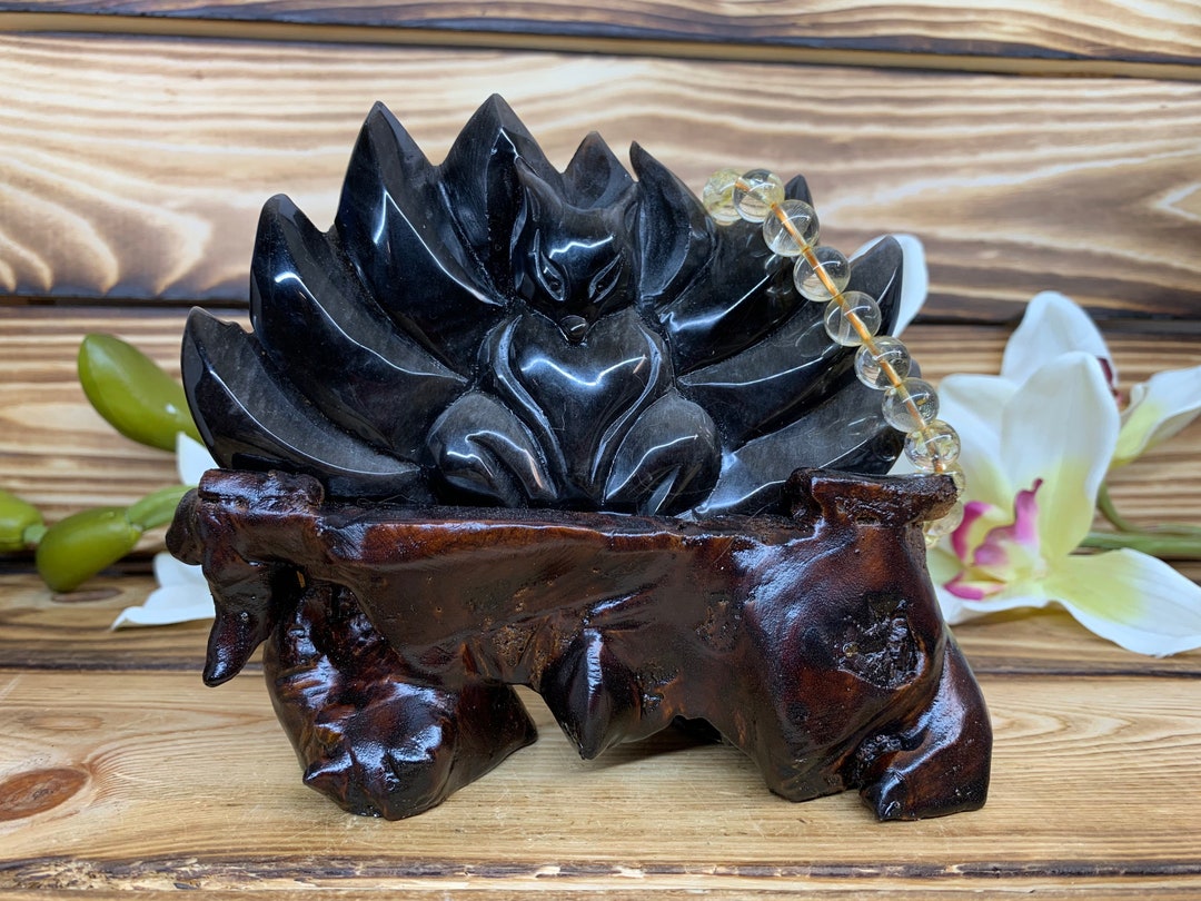 Crystal Carved Silver Obsidian Nine Tail Lucky Fox Kitsune Carved by a ...