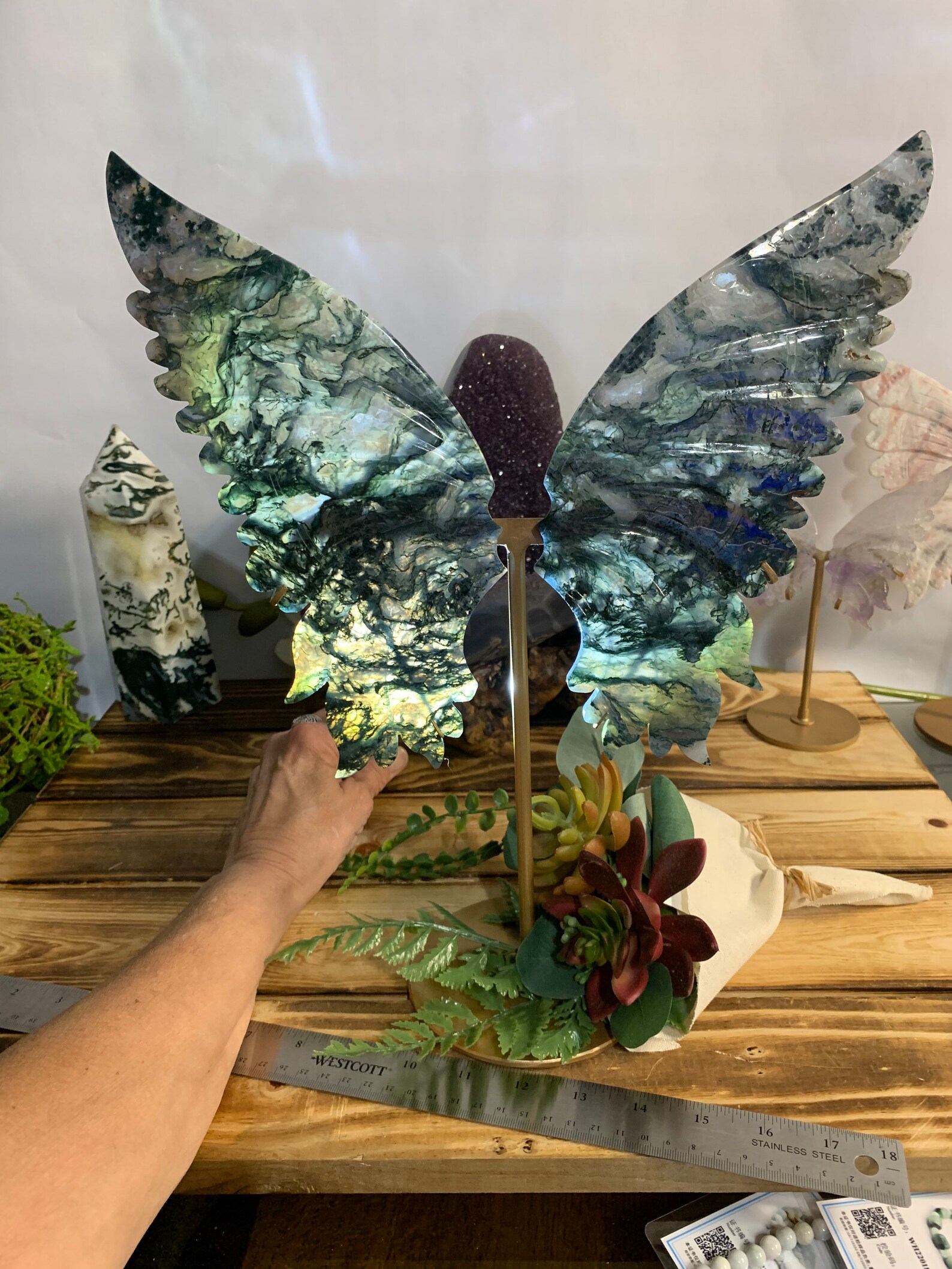 XL Large Natural Moss-tree Agate Crystal Hand Carved Angel Butterfly ...