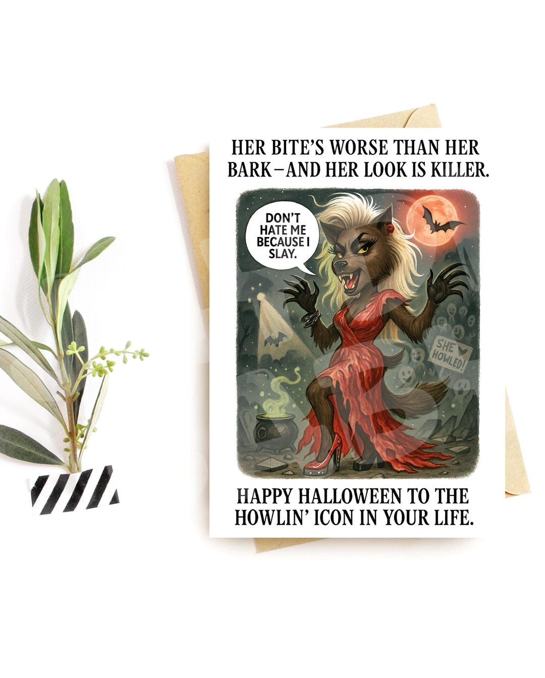 Howlin’ Diva Werewolf Halloween Card – Red Dress Monster Glam “don’t ...