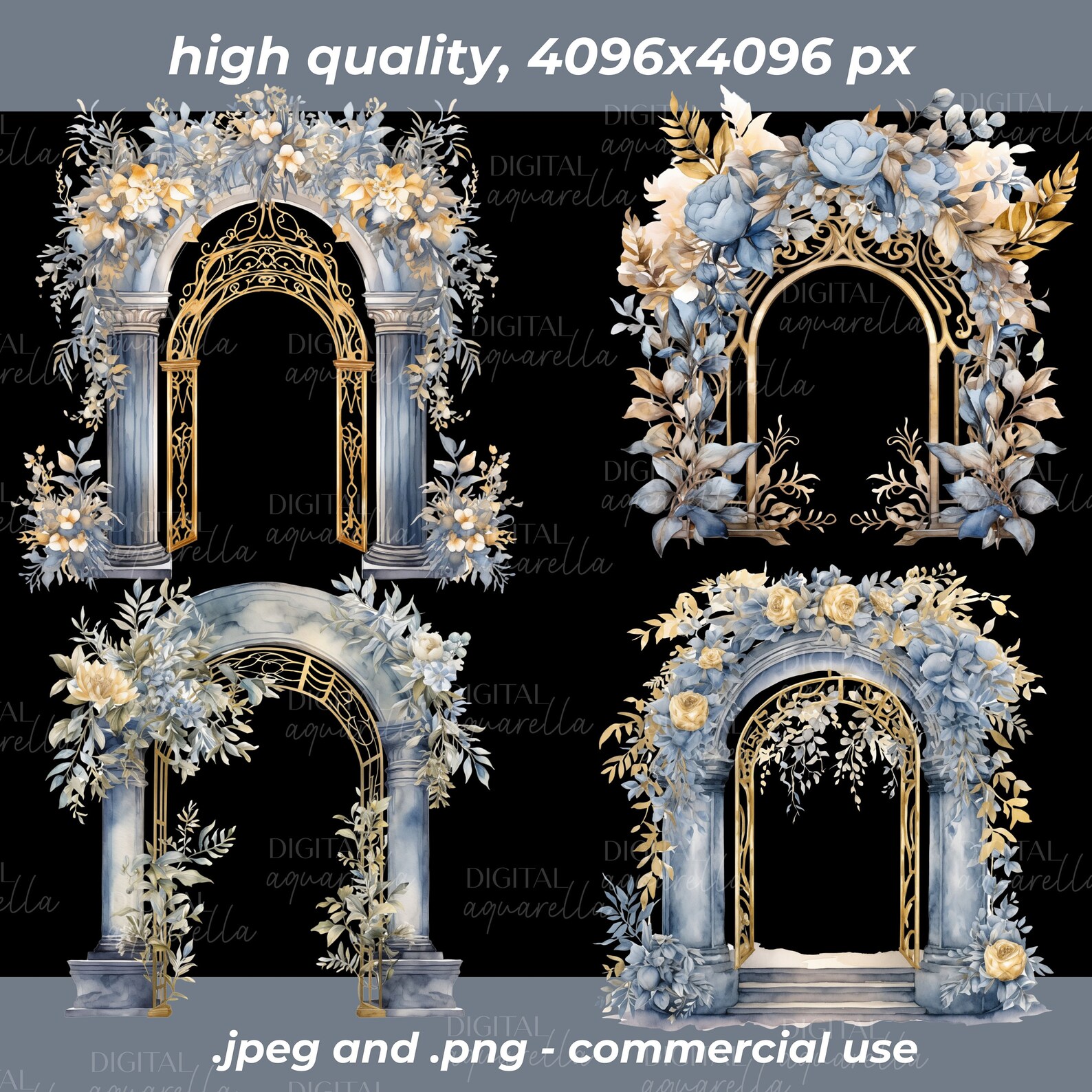 Floral Arch Entrances, Watercolor Floral Arch, Wedding Floral Arch, 8 ...