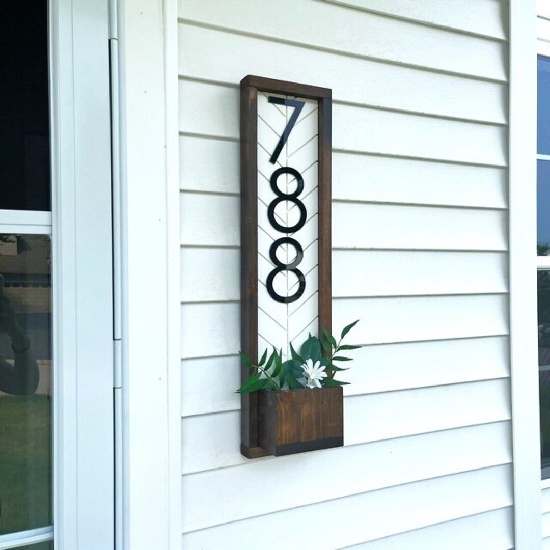 Address Sign With Planter: Vertical House Numbers Plaque, Modern Curb ...