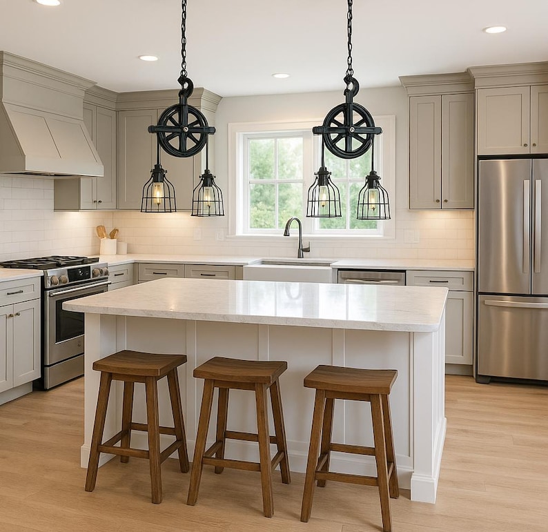 Farmhouse Pulley Light Fixture for Kitchen | Industrial Modern Hanging ...