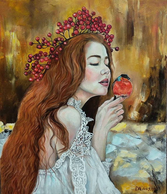 Red-haired girl with bullfinch bird oil painting Female | Etsy