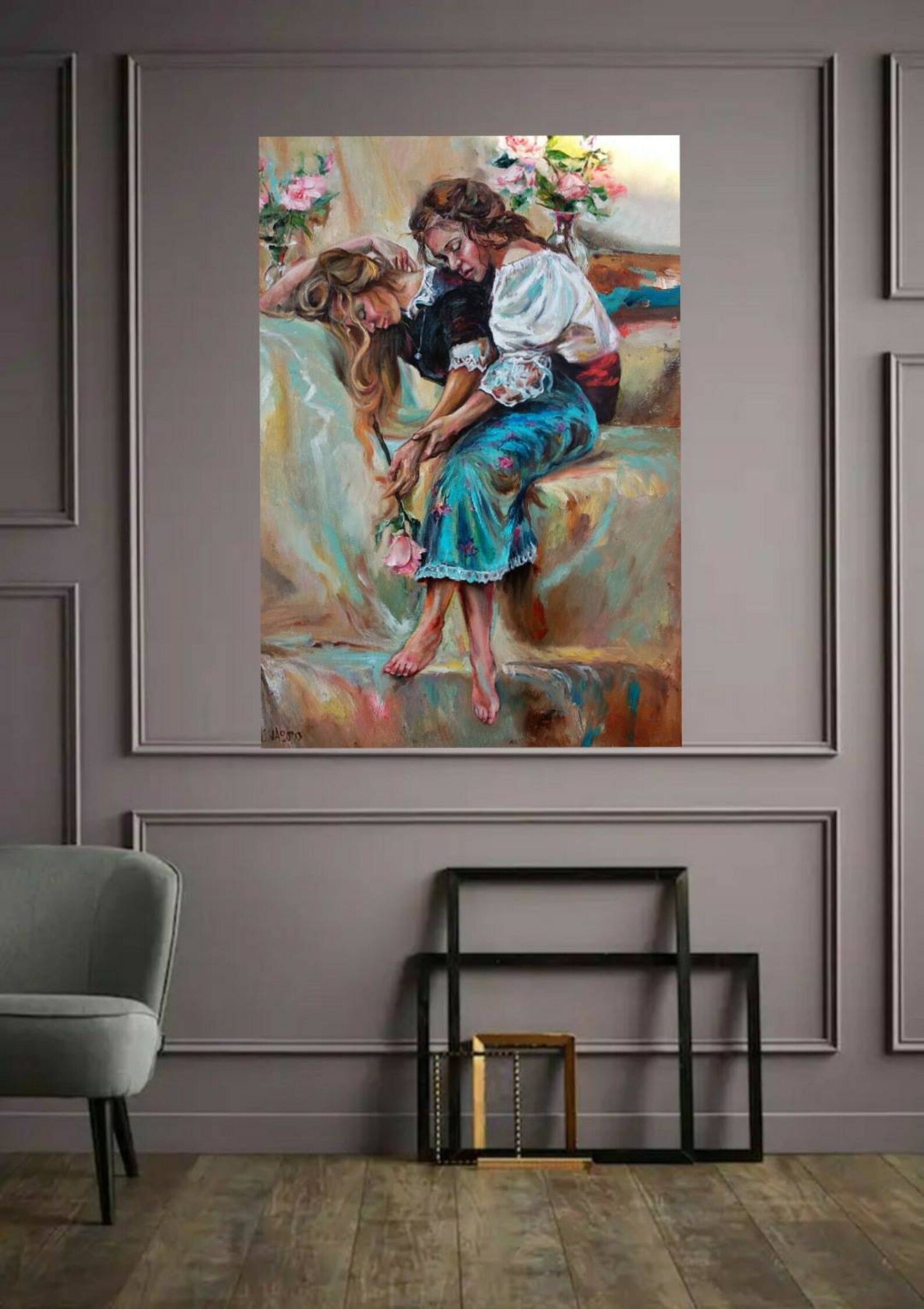 Portrait of Two Hugging Girls Female Portrait Handmade Oil Painting ...