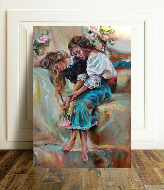 Portrait of Two Hugging Girls Female Portrait Handmade Oil - Etsy