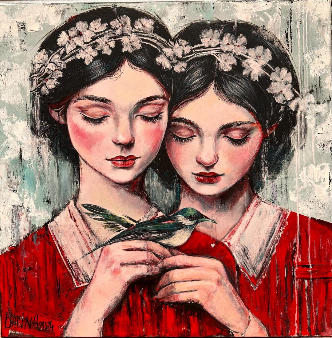 Portrait of Two Girls Handmade Painting Beautiful Lady's Symbol of ...