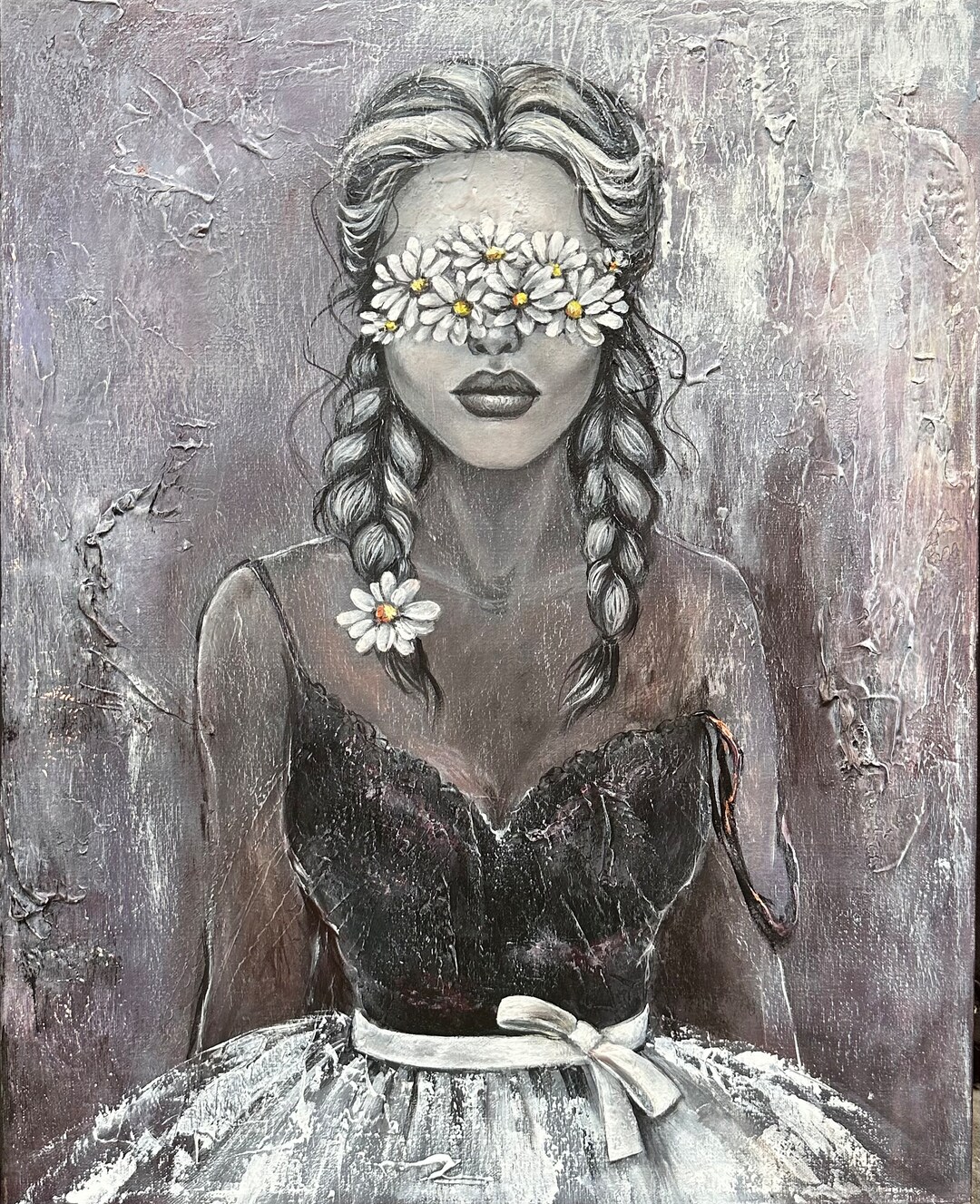 Acrylic Handmade Painting Girl With Daisies Girl With Braided Pigtails ...