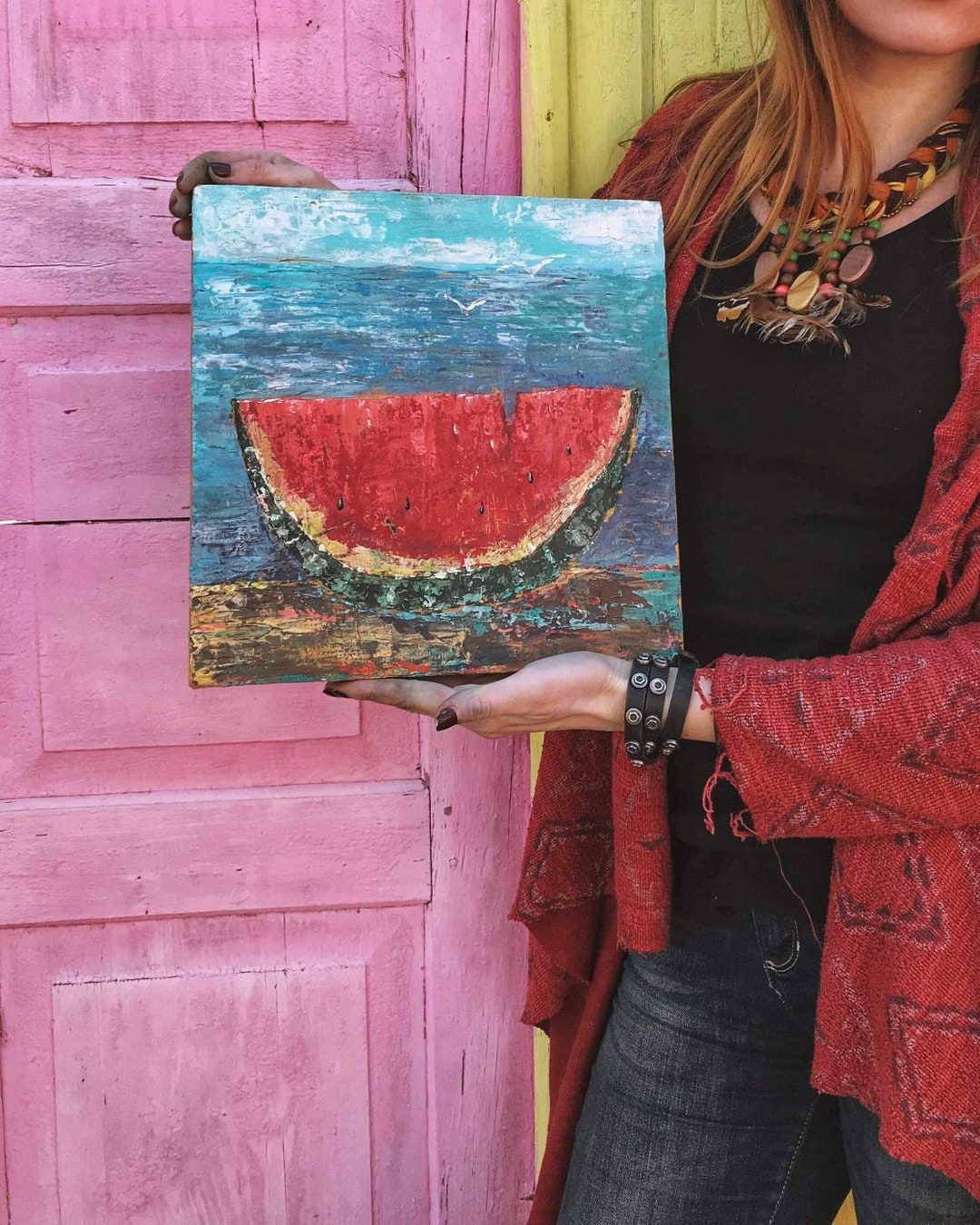 Watermelon Seascape Acrylic Painting, Textured Palette Knife Art - Etsy
