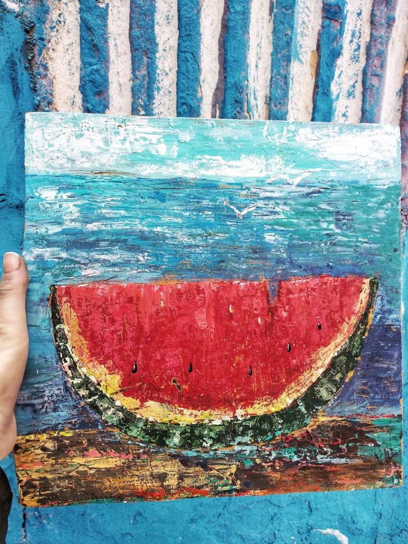 Watermelon Seascape Acrylic Painting, Textured Palette Knife Art - Etsy