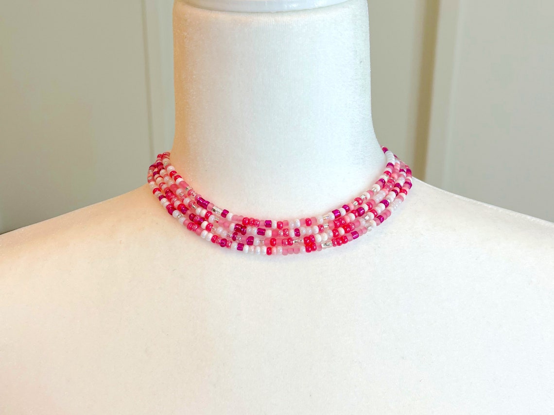Pink Bubblegum Choker Necklace Seed Bead Choker Pink Choker Necklace Bridesmaid T Pink White